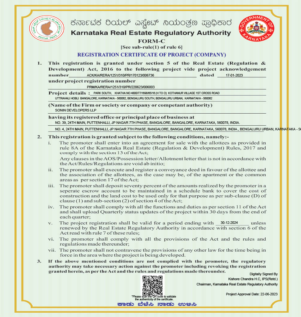 SONI PARK SOUTH – JP Nagar 7th Phase Bangalore – PRM/KA/RERA/1251/310 ...